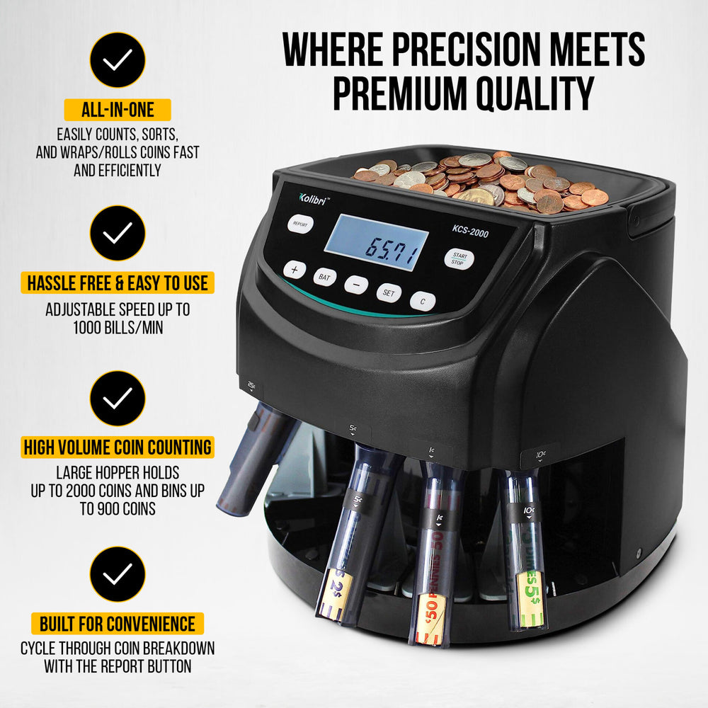 Kolibri KCS-2000 Coin Counter - Coin Sorter 2000 Coins Hopper Capacity